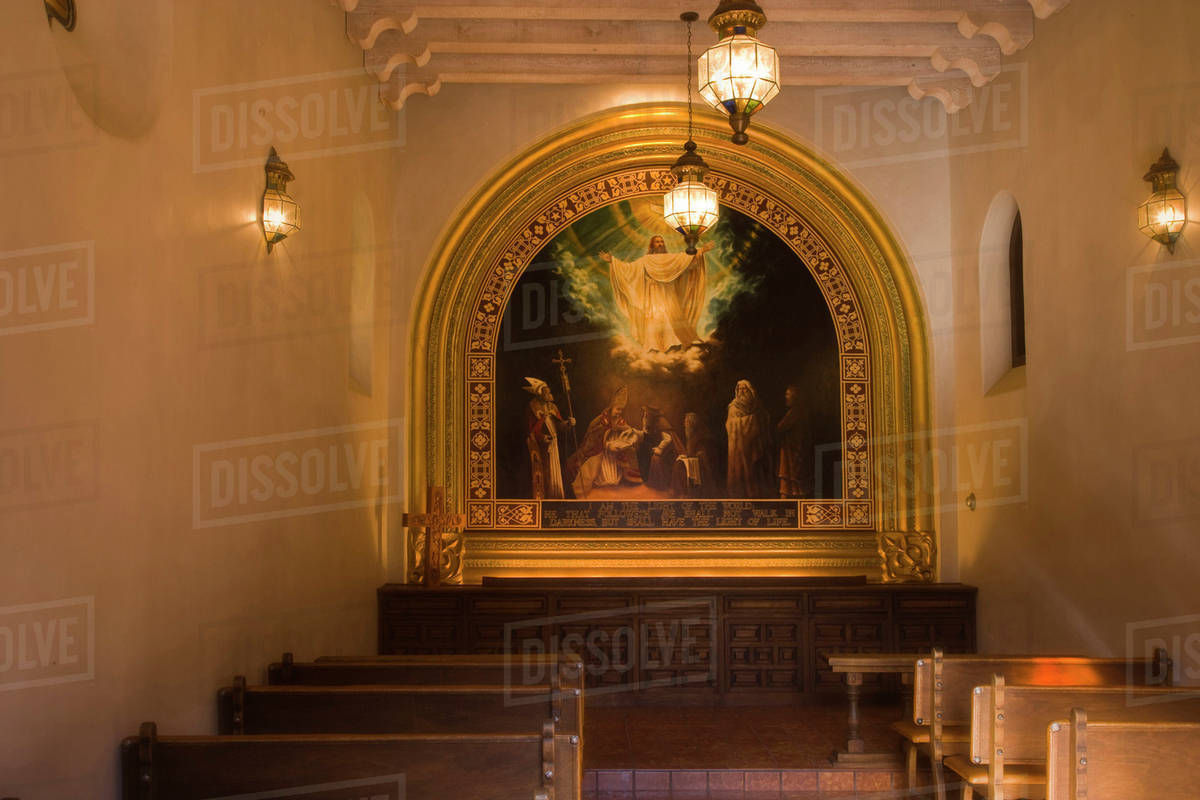USA, Sedona. Inside a chapel at the Tlaquepaque Arts and Crafts Village ...