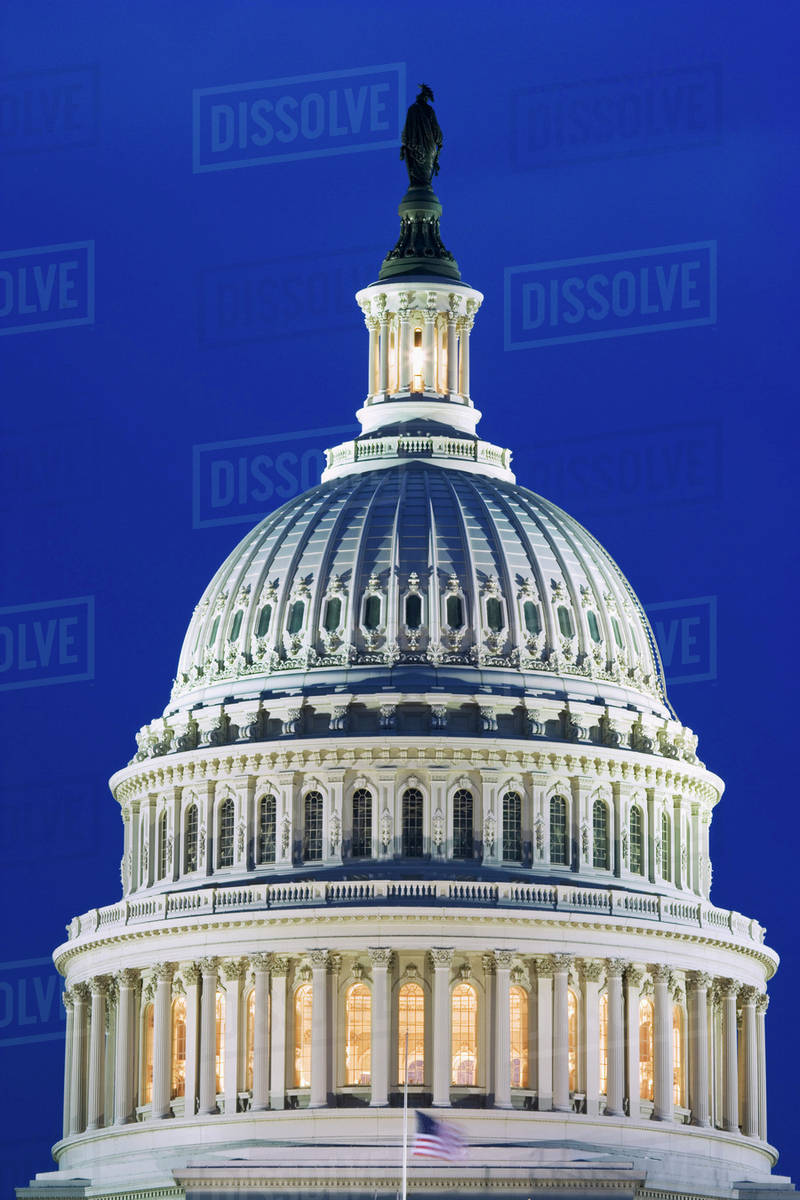 USA, Washington, D.C. Close-up of the Capitol Building dome at night ...