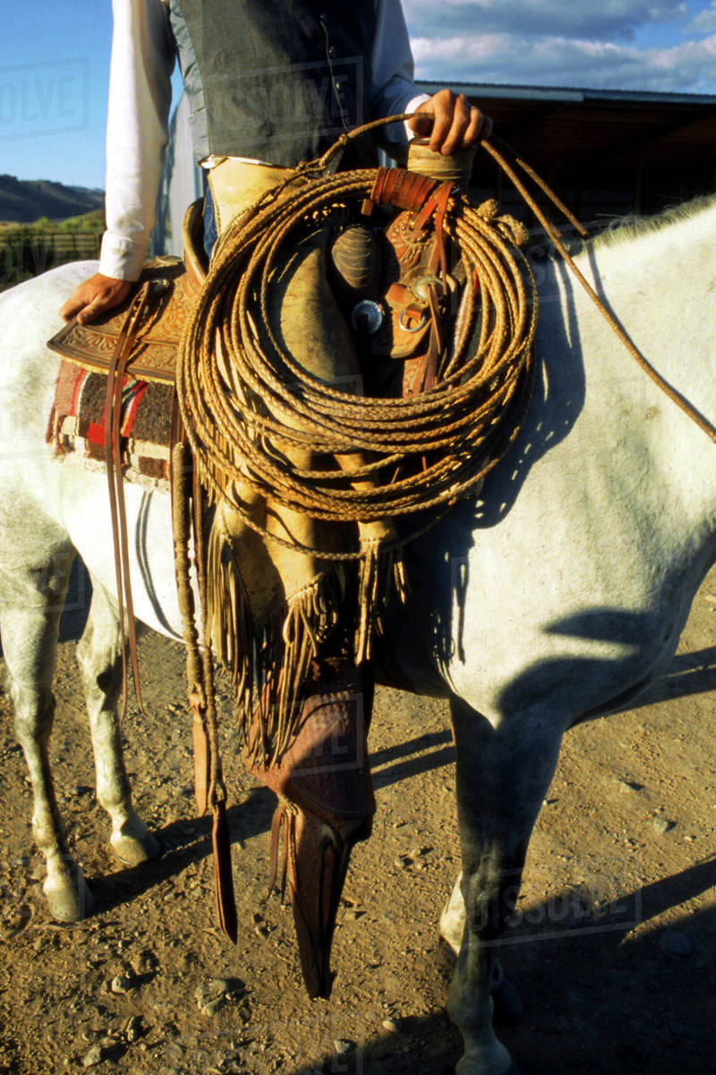 USA, Oregon, Jefferson County. Buckaroo with lasso ready for cattle ...