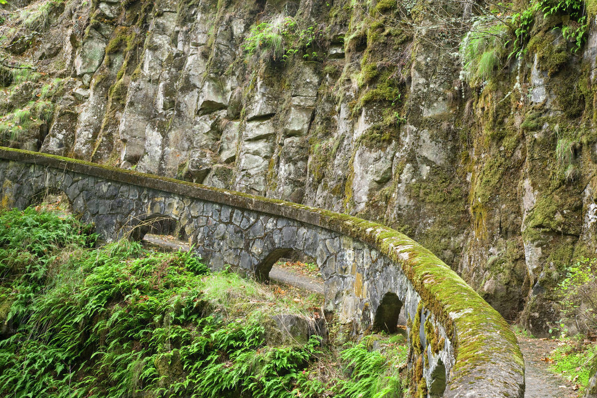 USA, Oregon, Columbia River Gorge. Stone wall next to trail above ...