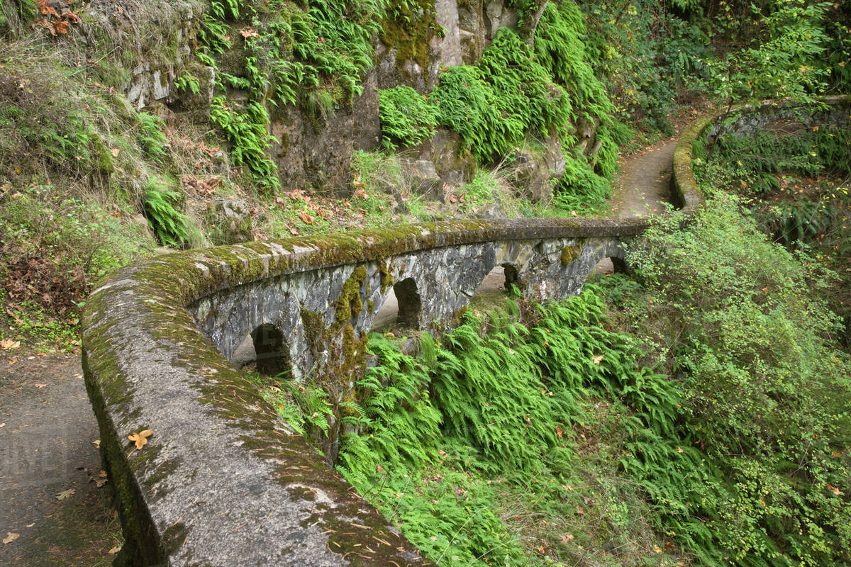 USA, Oregon, Columbia River Gorge. Stone wall next to trail above ...