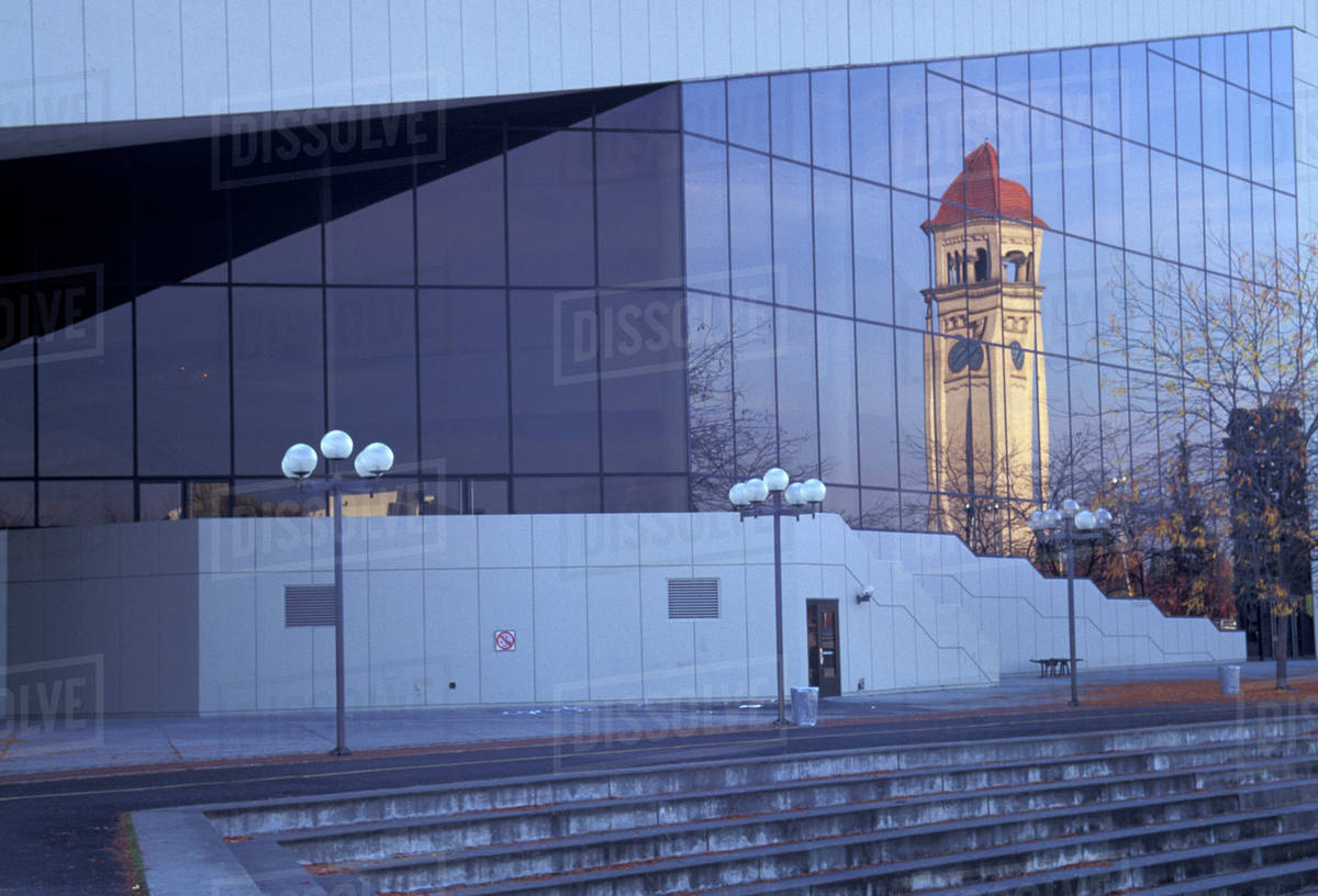 NA, USA, Washington, Spokane, The Convention Center, with reflection of ...