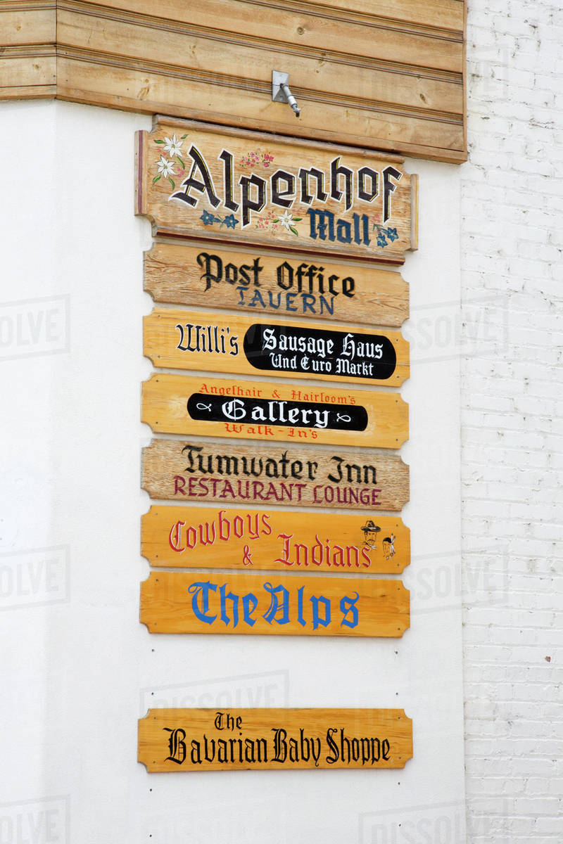 WA, Leavenworth, Bavarian style village, shop signs - Stock Photo ...