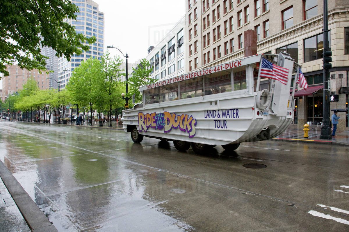 WA, Seattle, The Duck, a land & water tour vehicle, near Westlake ...