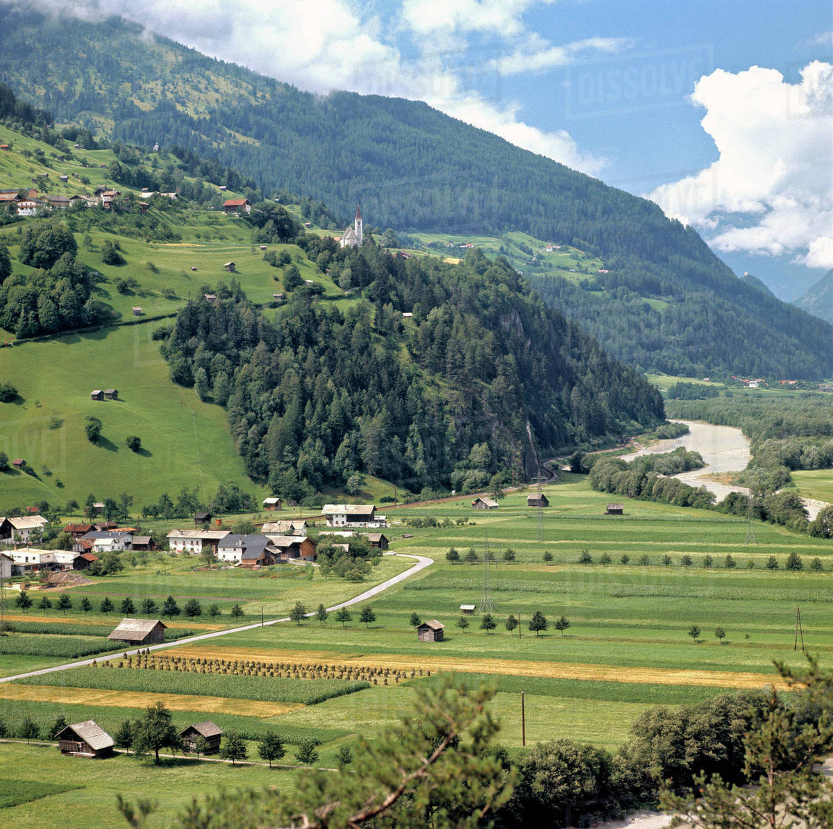 Europe, Austria, Inn River Valley. Neat farms show an abundant harvest ...