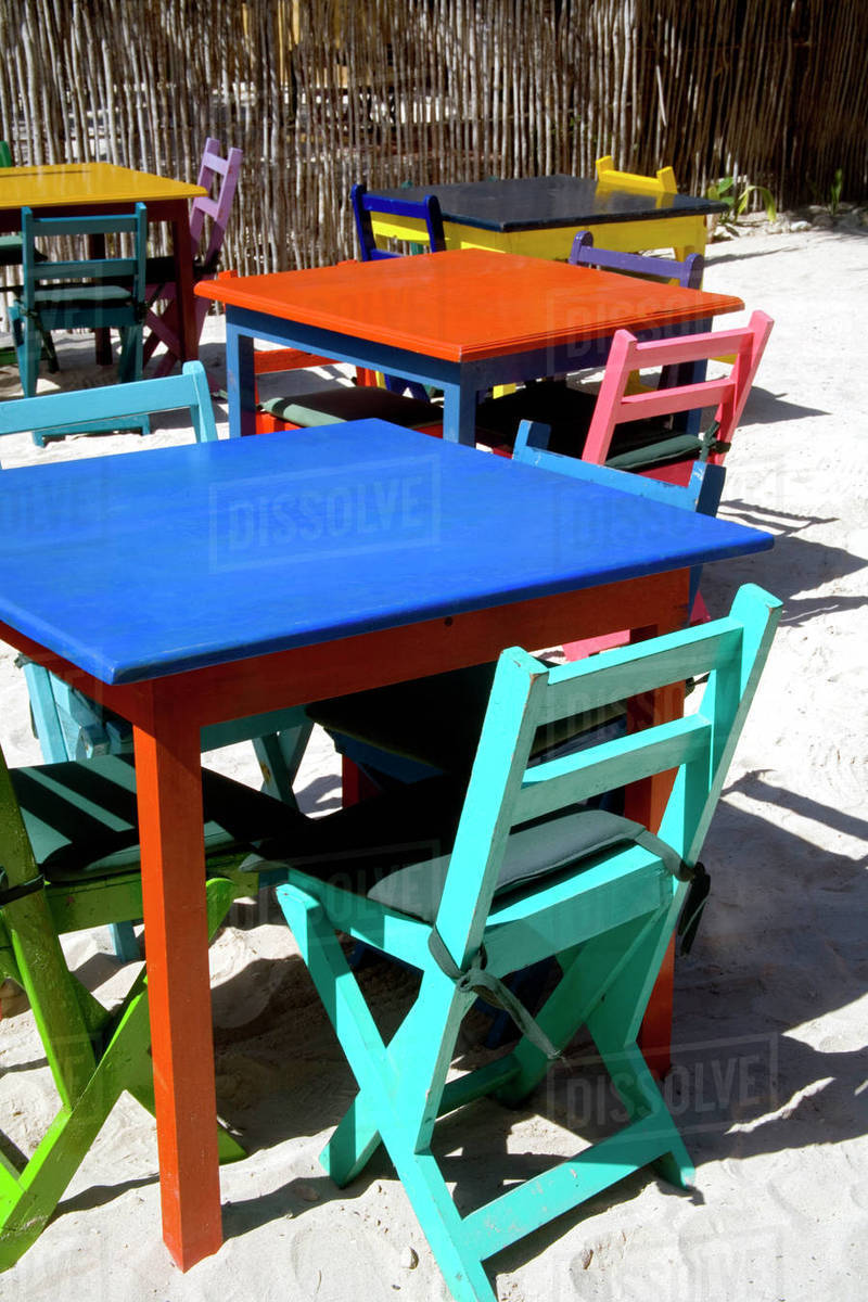 North America, Mexico, Quintana Roo, Tulum. Colorful table settings at ...