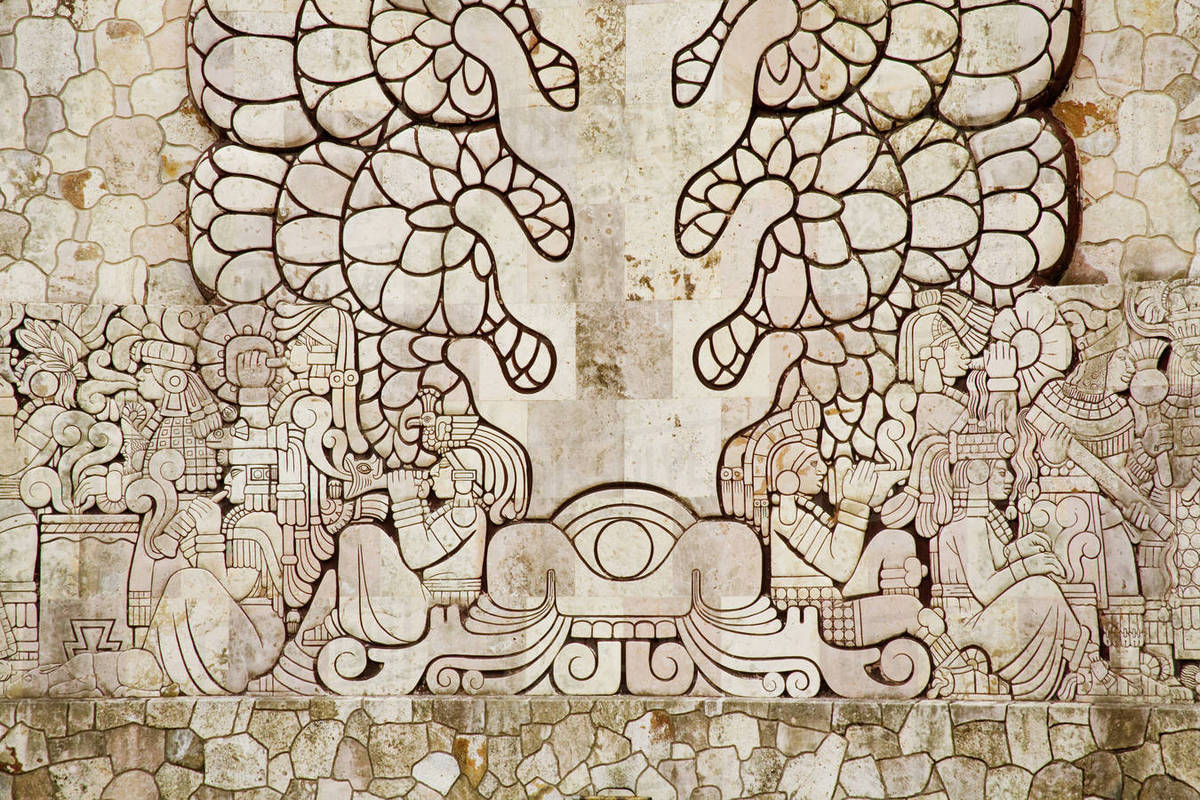North America, Mexico, Yucatan, Merida. Close up photos of the carvings ...