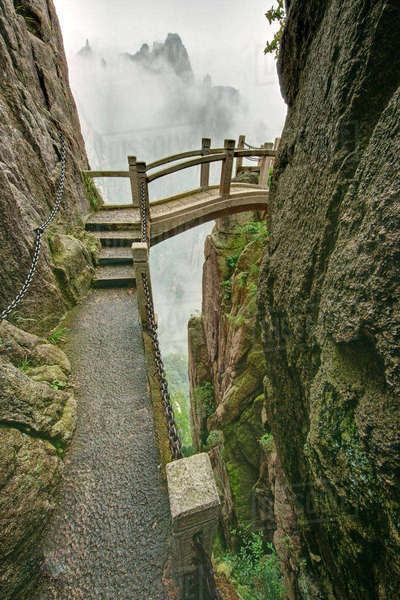 Pathway and small bridge, Yellow Mountain, Huangshan, China - Stock ...