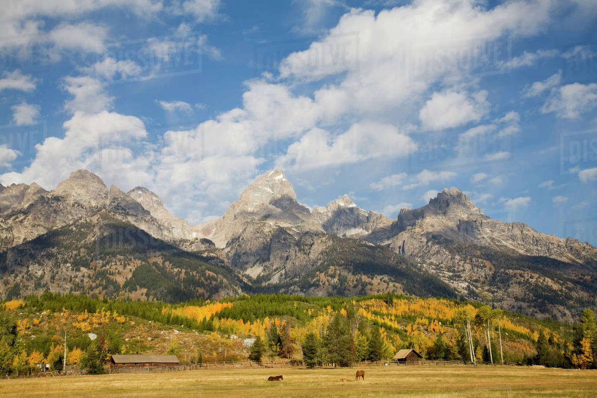 WY, Grand Teton National Park, Teton Range and Climbers Ranch with ...