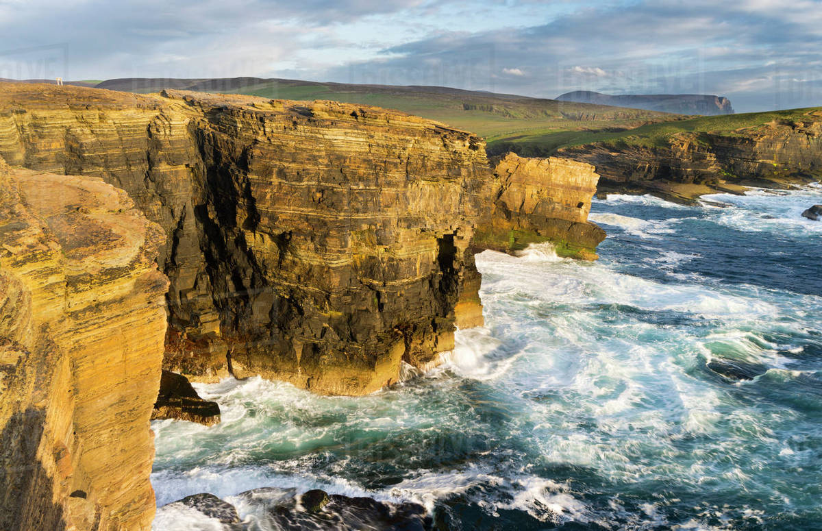 The Cliffs of Yesnaby in Orkney, during stormy weather and sunset ...