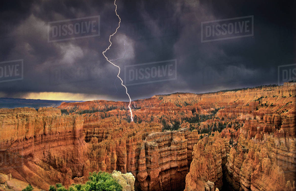 USA, Utah, Bryce Canyon National Park. Lightning storm over the hoodoos ...