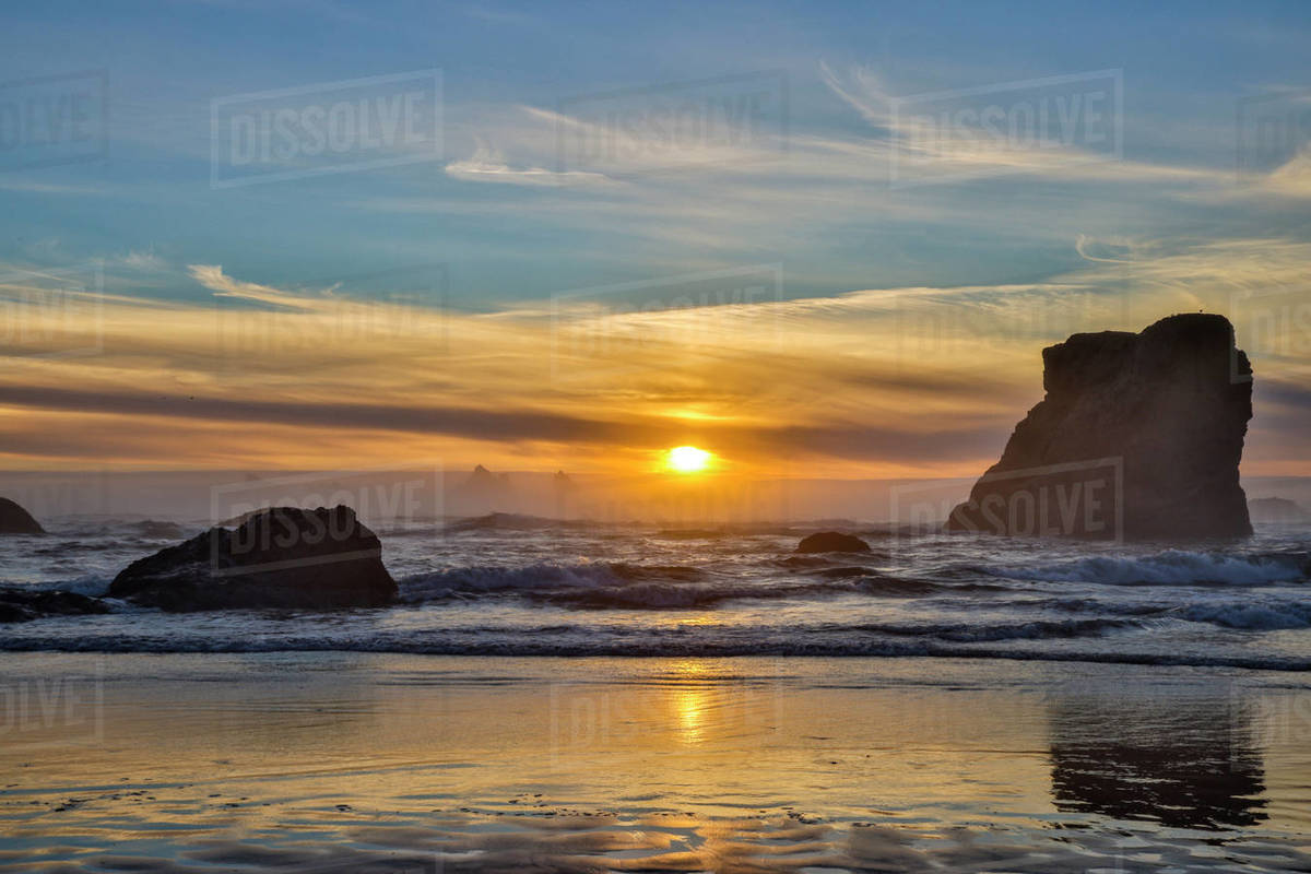 Usa, Oregon, Bandon. Bandon Beach, Sunset at the Beach - Royalty-free ...