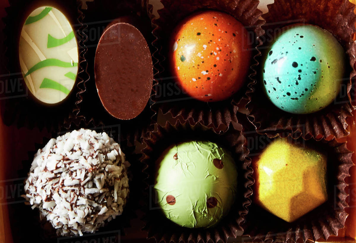 Overhead view of colorful box of chocolates, Antigua, Guatemala - Stock ...