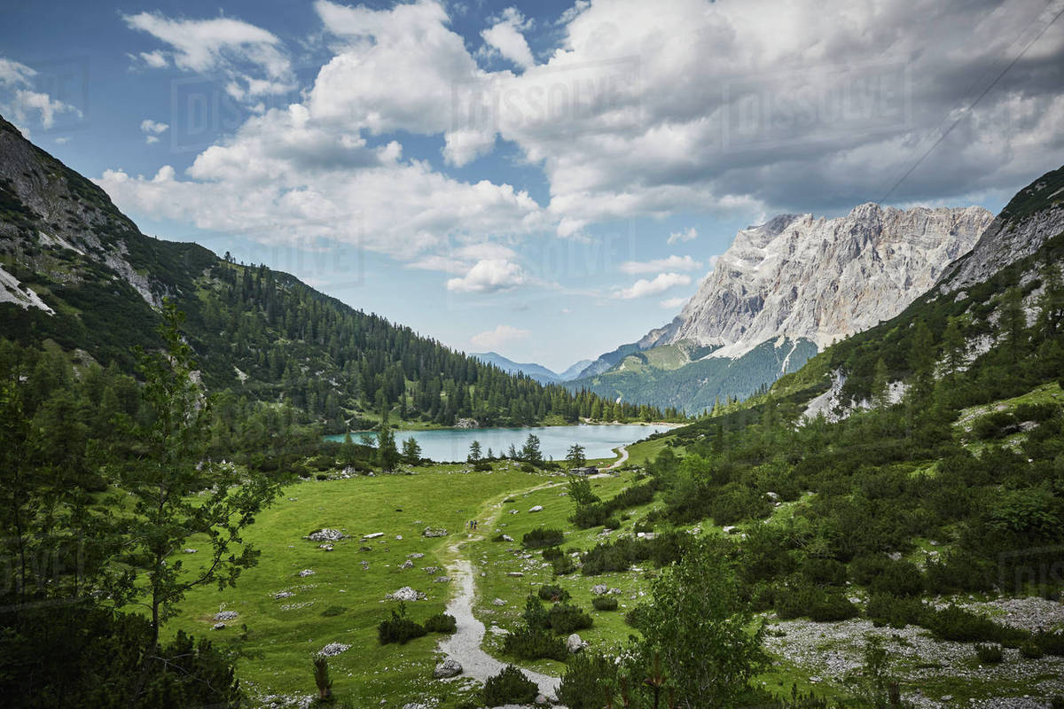 Elevated view of Seebensee lake and Zugspitze mountain, Ehrwald, Tyrol ...