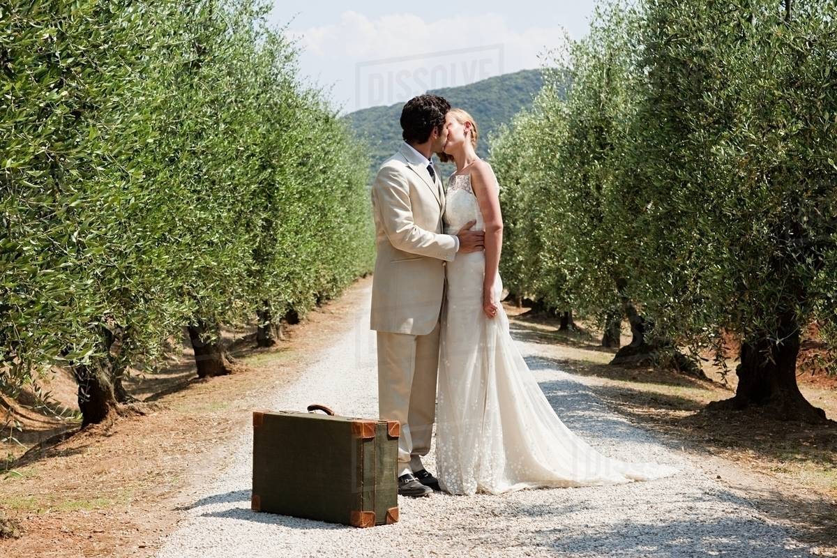 Newlyweds kissing on country road with suitcase - Royalty-free Stock ...