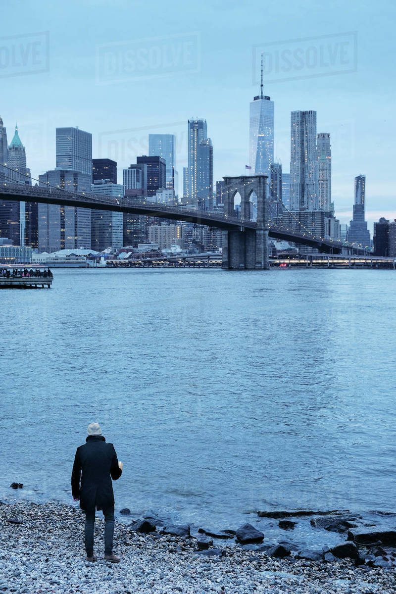 Man looking out over Brooklyn Bridge and Lower Manhattan Skyline from ...