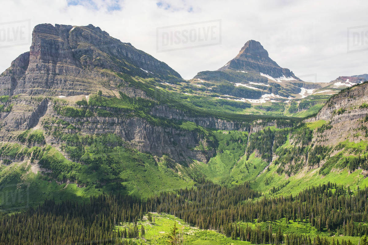 Landscape with forested valley and mountains, West Glacier, Glacier ...
