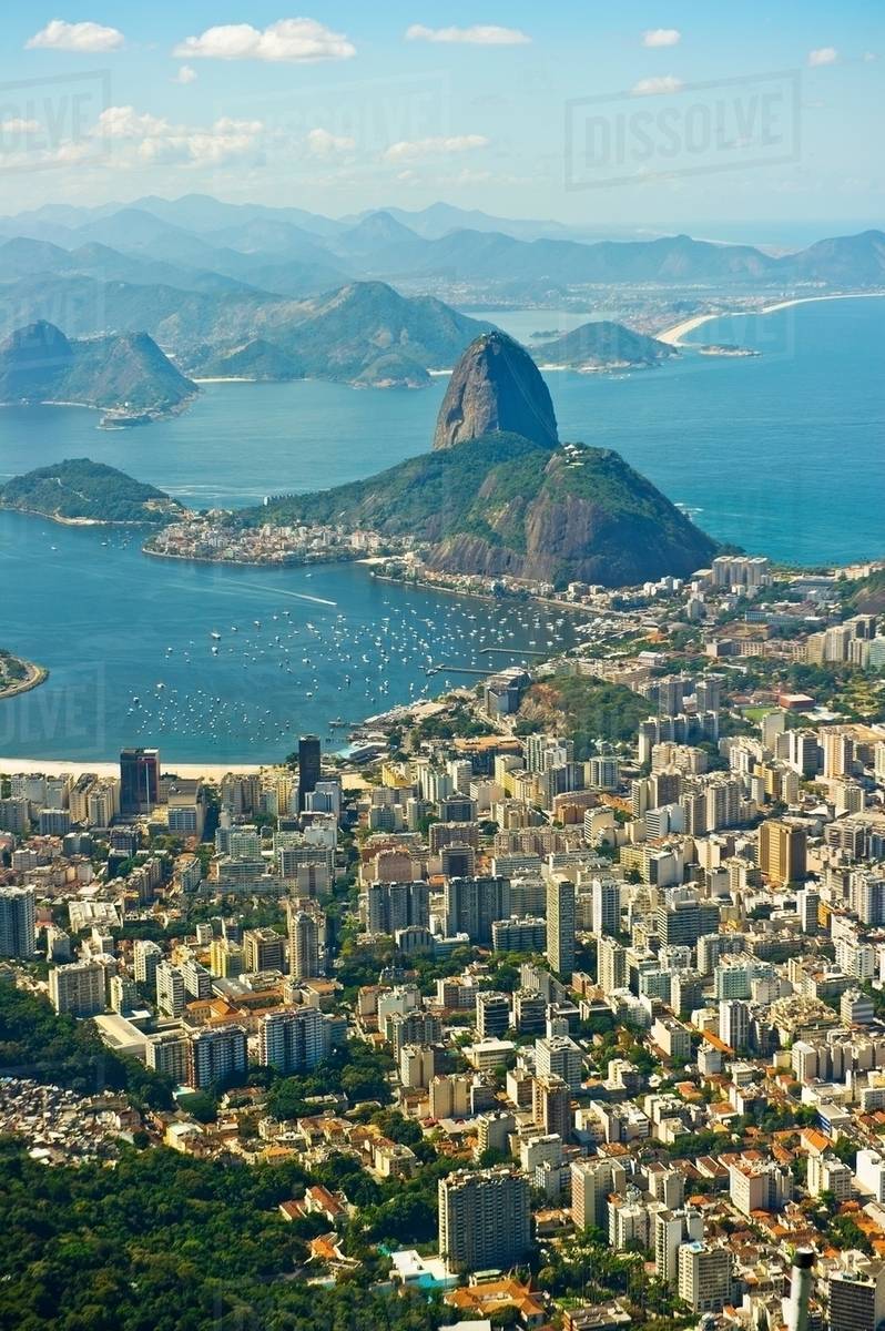 Aerial view of Rio de Janeiro cityscape and Sugarloaf Mountain, Brazil ...