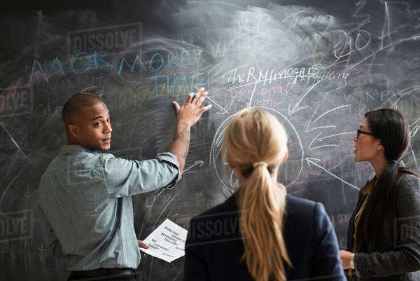 Man writing on blackboard, colleagues watching - Stock Photo - Dissolve