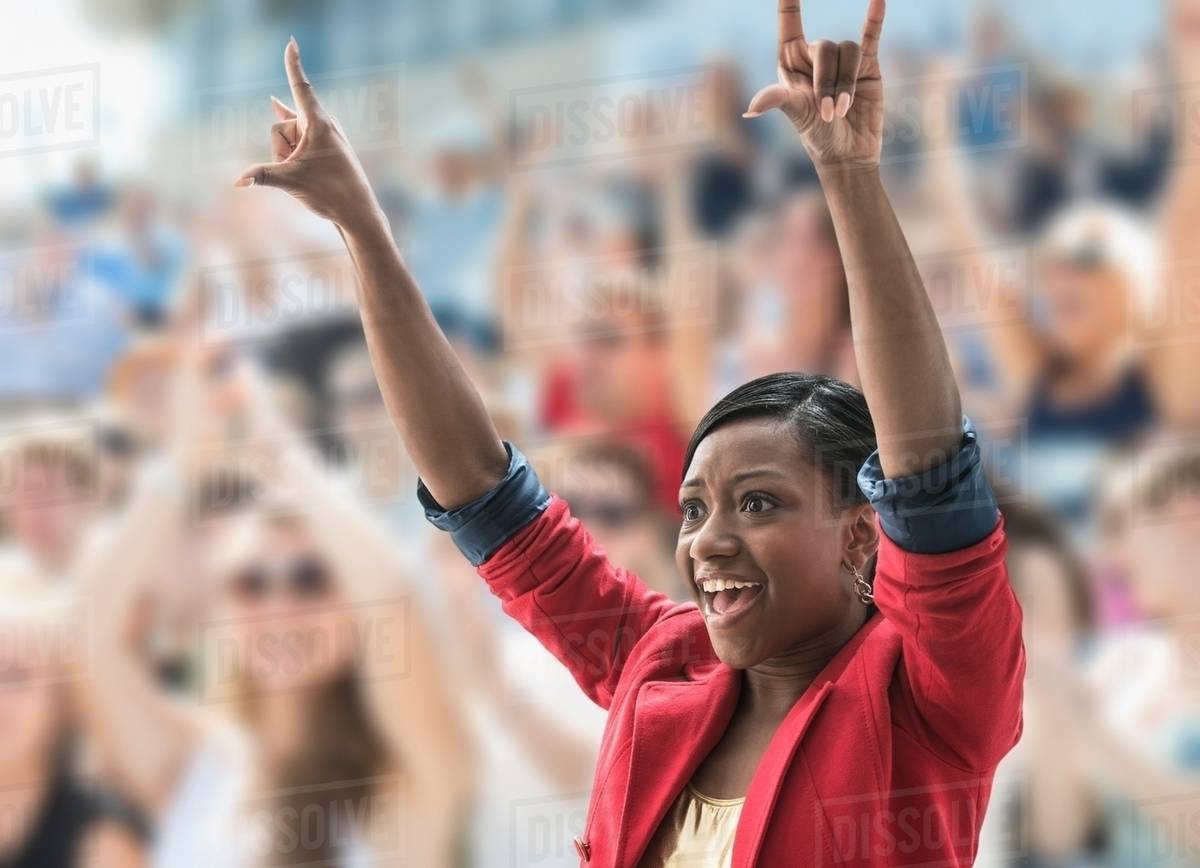 Excited woman in crowd, making hand gesture - Royalty-free Stock Photo ...