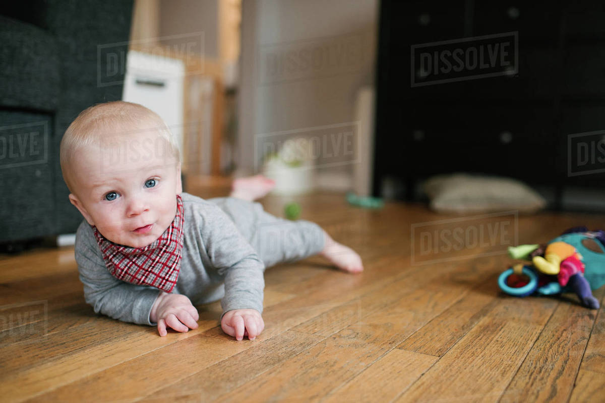 Baby boy crawling on wooden floor - Royalty-free Stock Photo | Dissolve