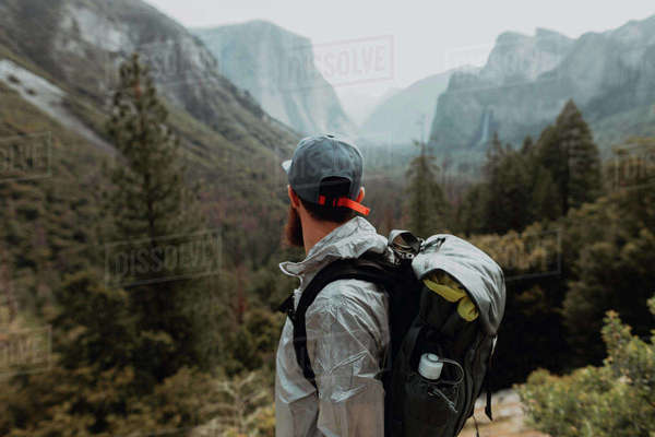 Hiker exploring nature reserve, Yosemite National Park, California ...