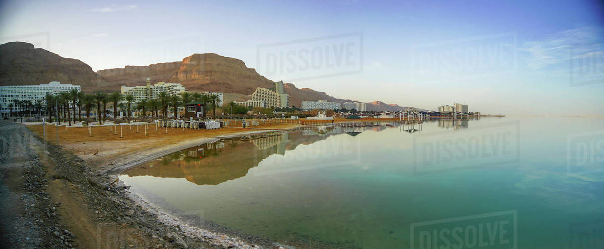Scenic view of beach hotels on shores of the Dead Sea, panoramic view ...
