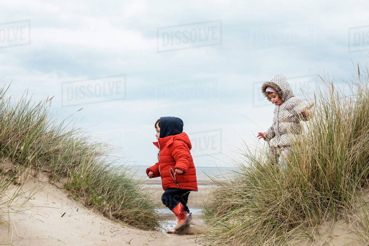 Siblings exploring beach - Royalty-free Stock Photo | Dissolve