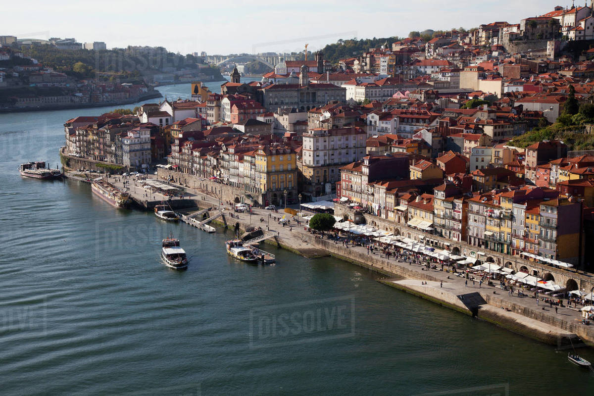 Aerial view of waterfront, Porto, Portugal - Stock Photo - Dissolve