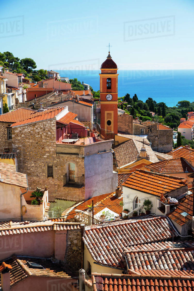 Elevated view of rooftops from Castle of Roquebrune, Roquebrune, France ...