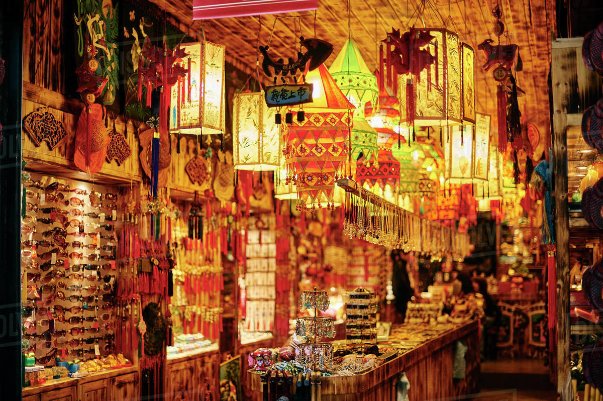 Traditional street market, illuminated at night, Fenghuang, Hunan ...