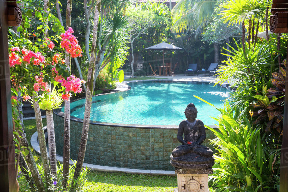 Swimming pool in tropical resort, Ubud, Bali, Indonesia - Stock Photo ...