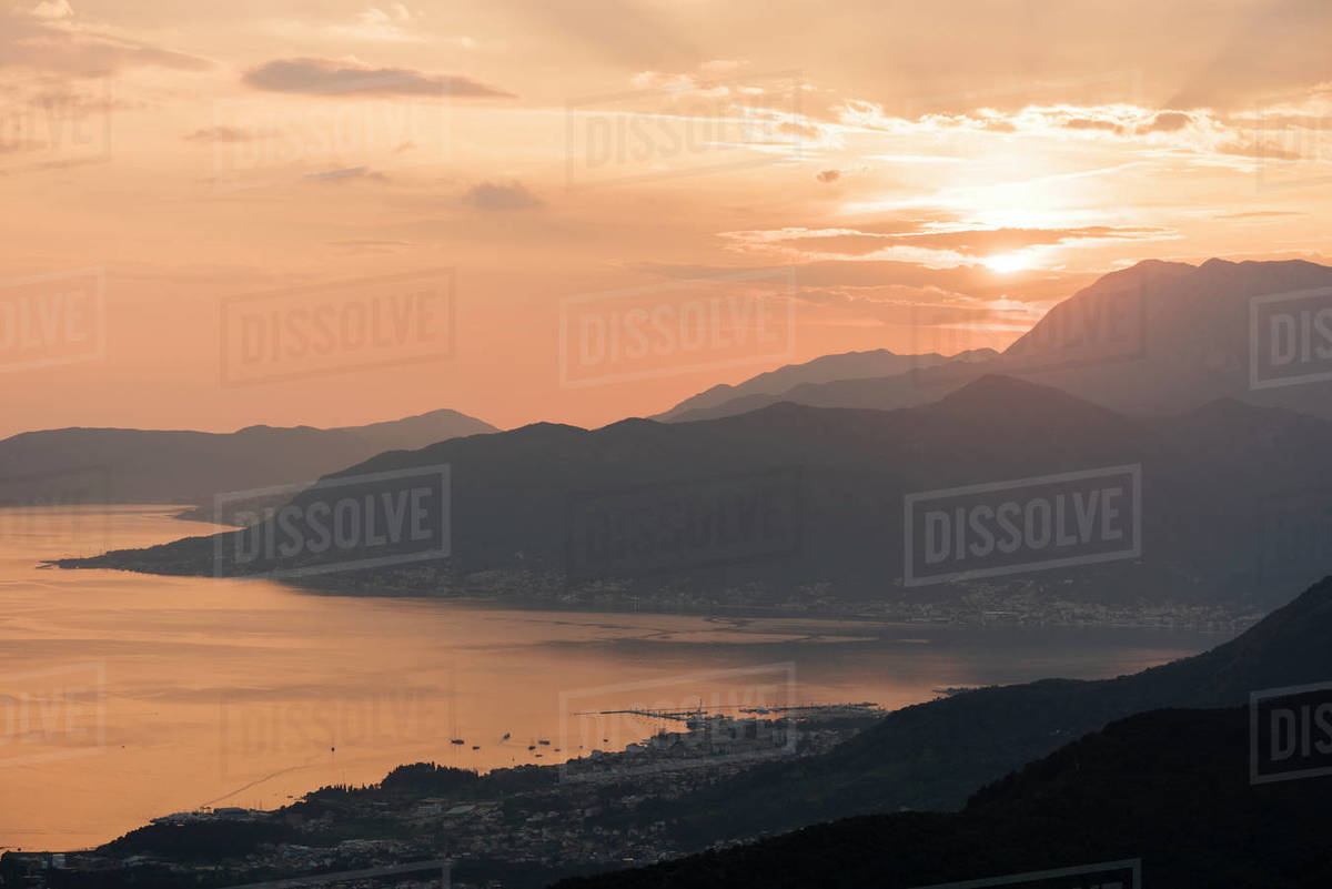 Landscape view of mountains and Bay of Kotor at sunset, Kotor ...