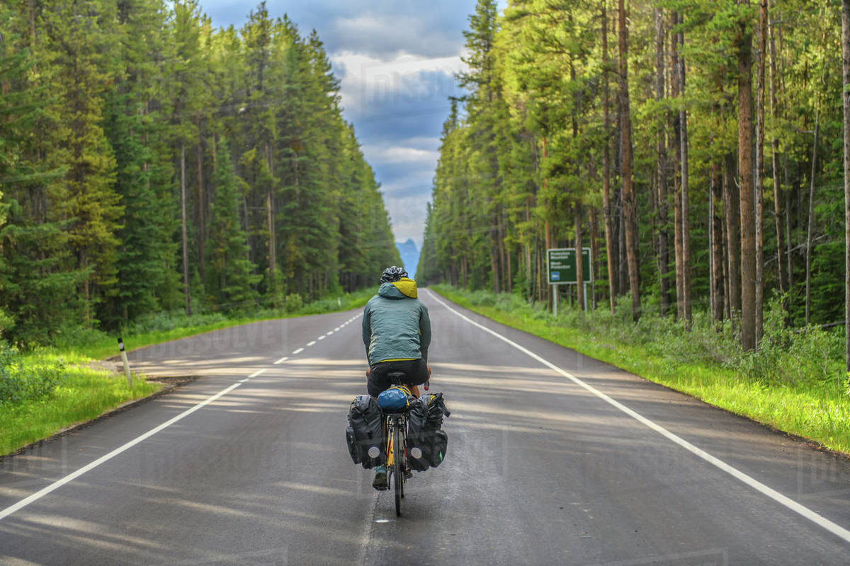 Man cycling on road, Banff National Park, Alberta, Canada - Stock Photo ...