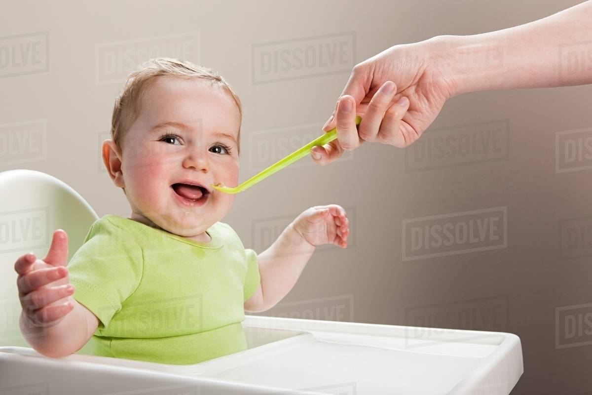 Baby boy being spoon fed - Stock Photo - Dissolve