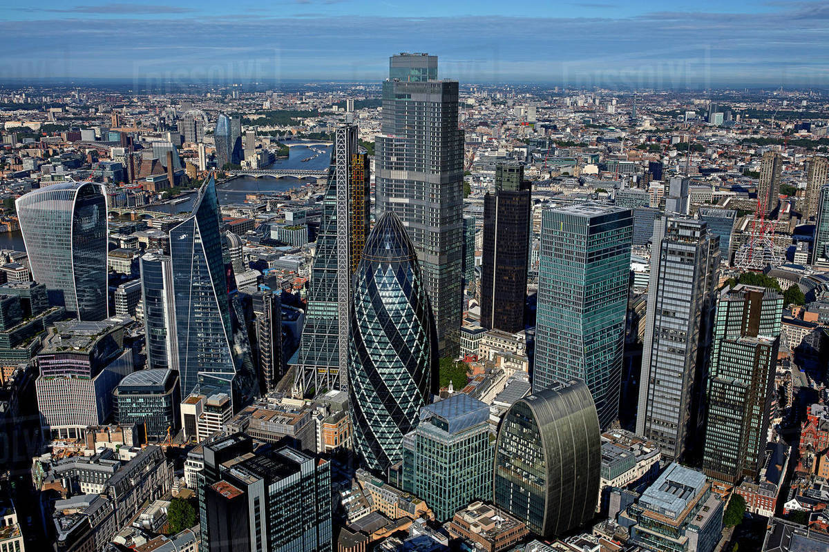 UK, London, High angle view of City of London skyscrapers - Royalty ...