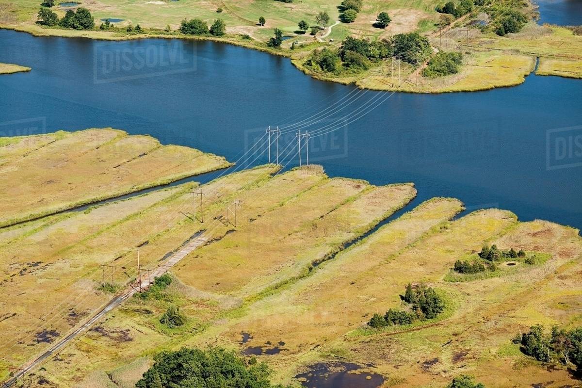 Power lines over water, Newport County, Rhode Island, USA - Royalty ...