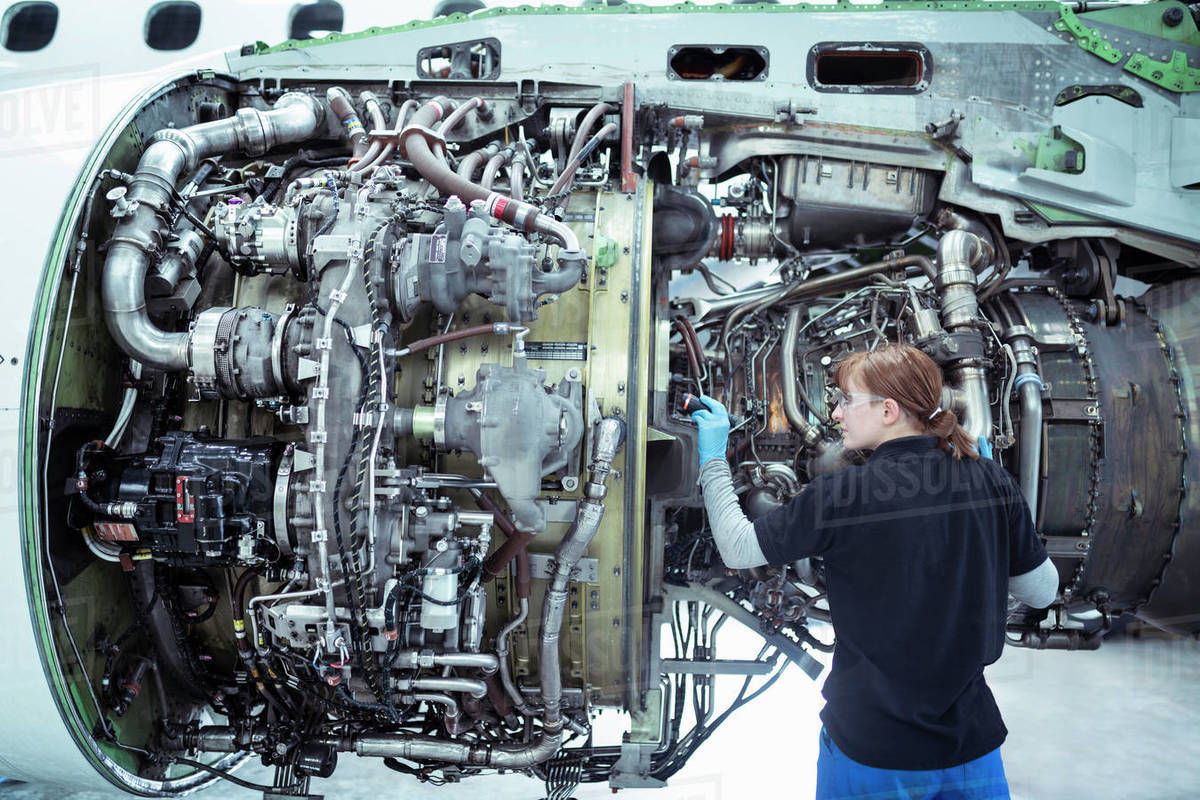 Female apprentice aircraft maintenance engineer inspecting aircraft jet ...