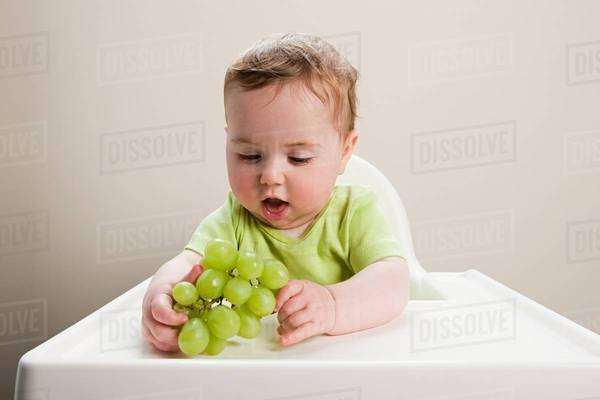Baby boy with grapes - Stock Photo - Dissolve