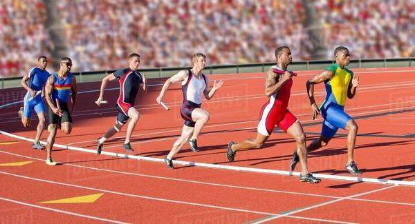 Six athletes running relay race - Royalty-free Stock Photo | Dissolve