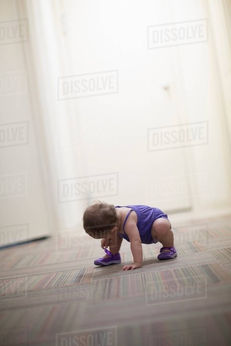 Toddler girl crouching on floor - Stock Photo - Dissolve