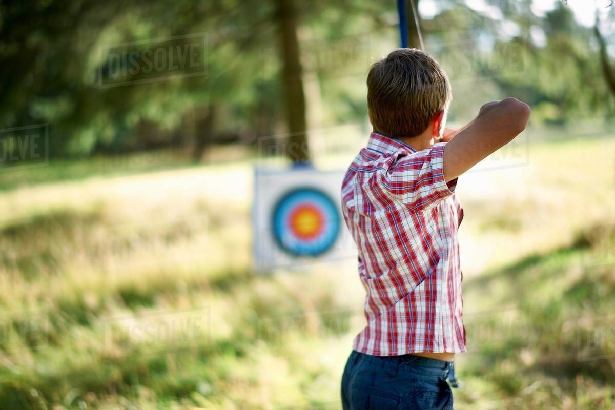 Rear view of teenage boy practicing archery with target - Stock Photo ...