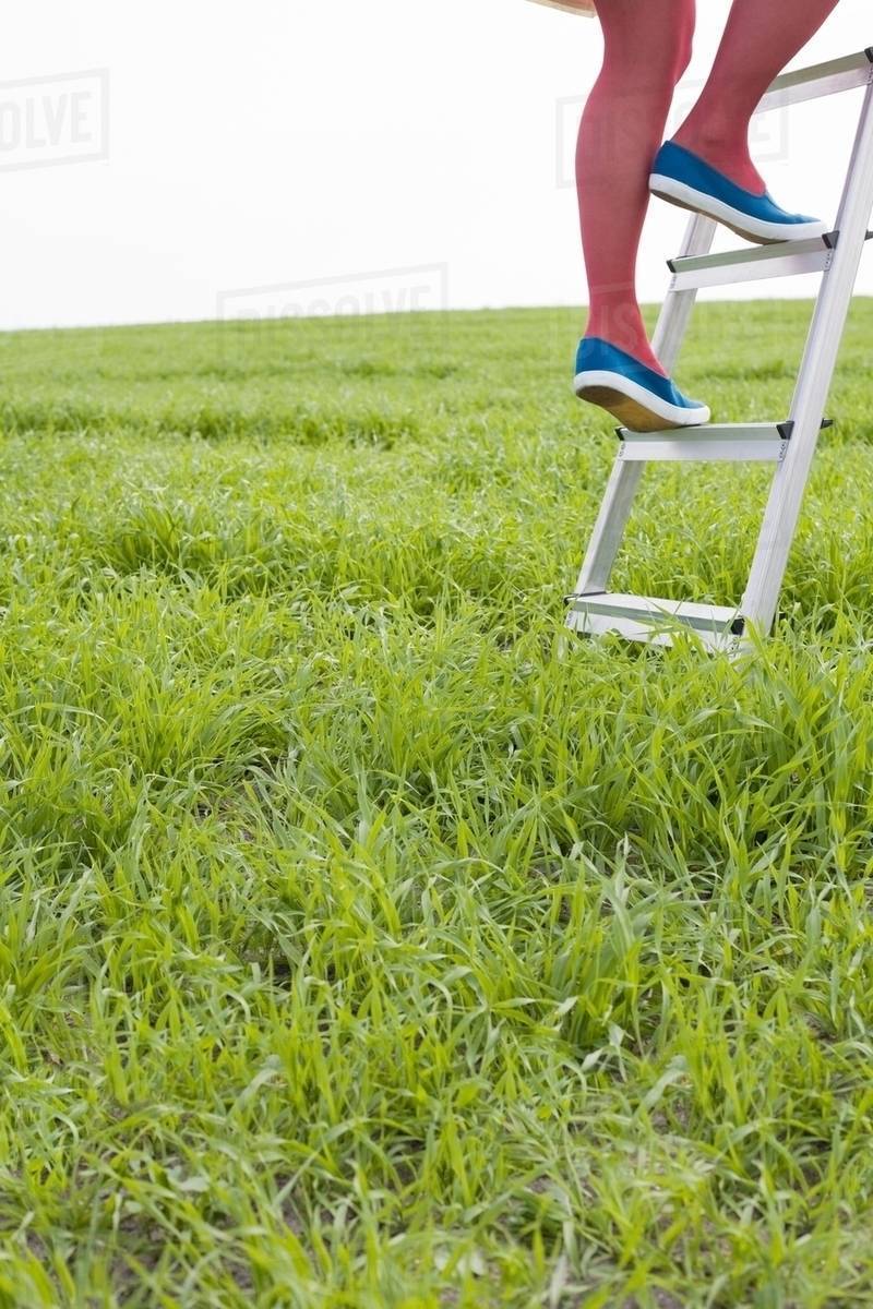 Woman climbing a ladder in a field - Royalty-free Stock Photo | Dissolve