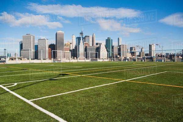 Soccer fields and Lower Manhattan skyline, New York City, USA - Royalty ...