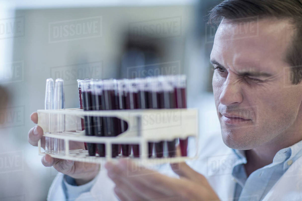 Mid adult man in laboratory, holding rack of test tubes - Royalty-free ...