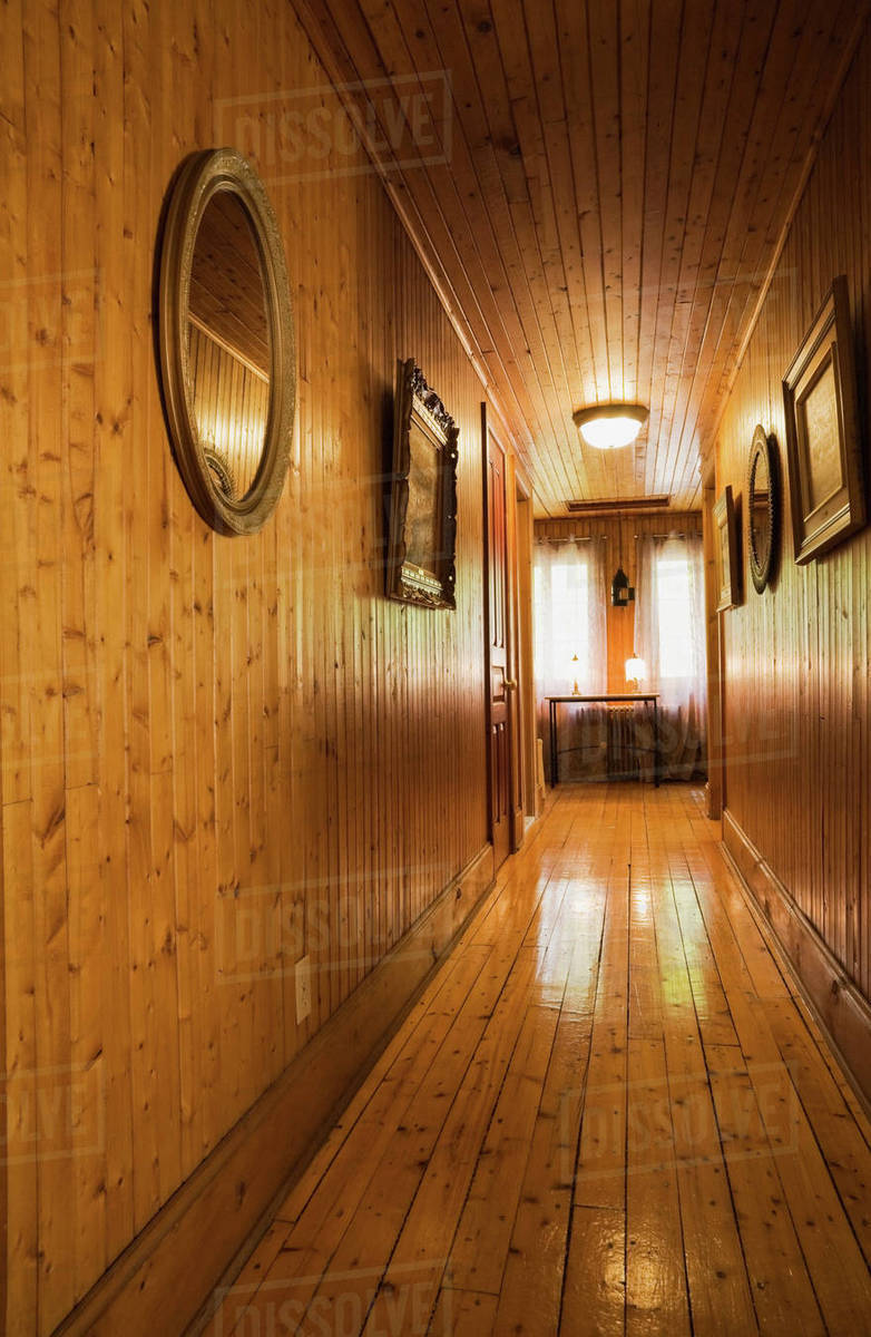 Hardwood floor upstairs hallway in 1920s cottage style old home, Quebec ...
