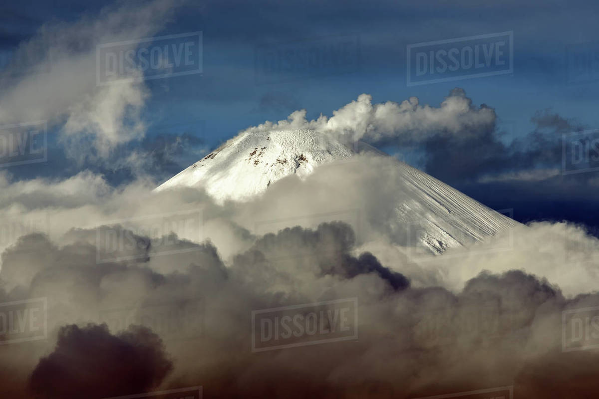 Volcanic landscape of Kamchatka Peninsula: top of cone of active Avacha ...