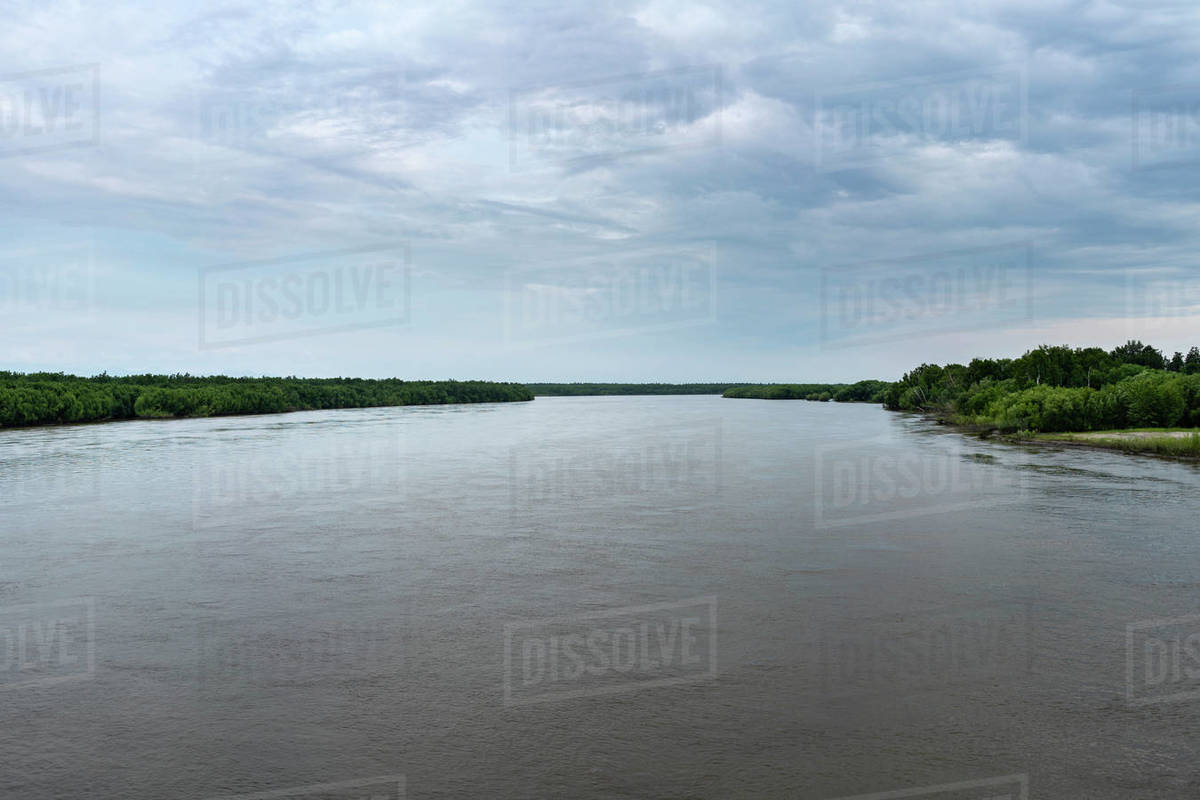 Kamchatka River flows eastward through Kamchatka Region in Russian Far East towards Pacific ...