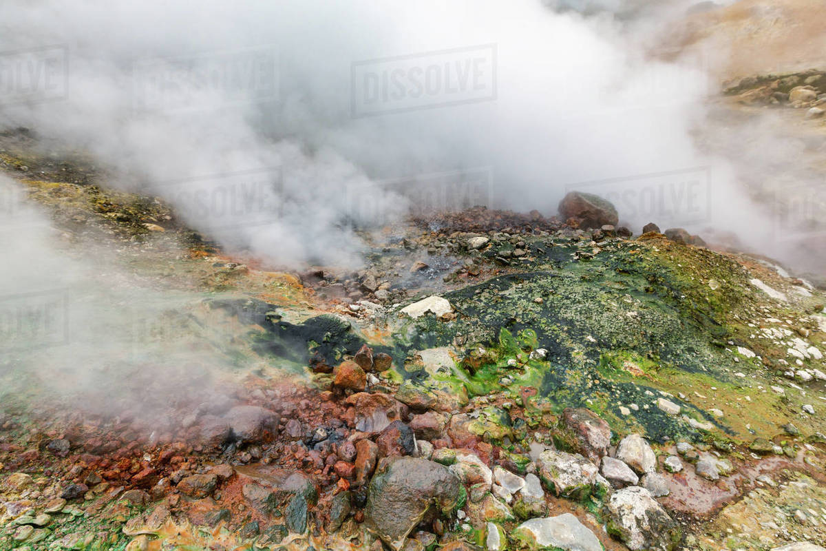 Mysterious view of volcanic landscape, aggressive hot spring, eruption ...