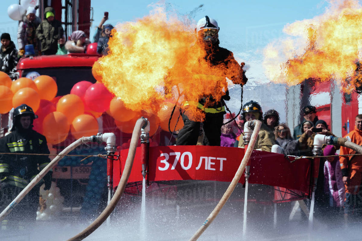 KAMCHATKA PENINSULA, RUSSIA - APR 27, 2019: Rescue firefighter Emercom ...